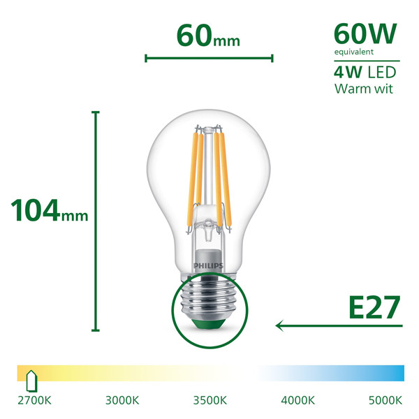 Philips LED lamp E27 | Peer A60 | Ultra Efficient | Filament | 2700K | 4W (60W) 6 stuks Philips ...